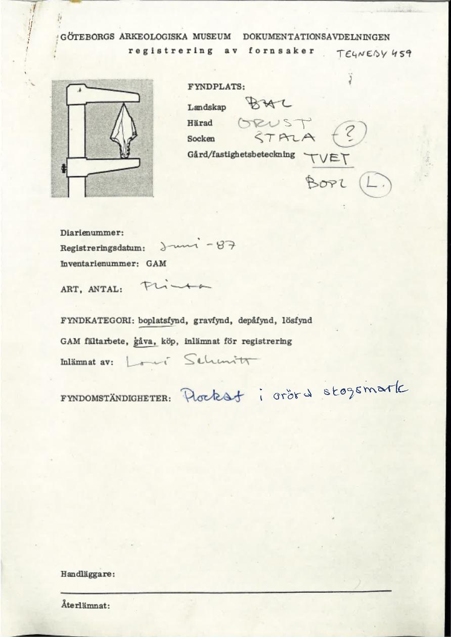 Kringla - fyndregistreringsblankett, arkivhandlingar, arkivalier
